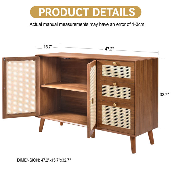 Latitude Run® 47"W Rattan Cabinet, Sideboard Buffet Cabinet with 2 Doors and 3 Drawers ...